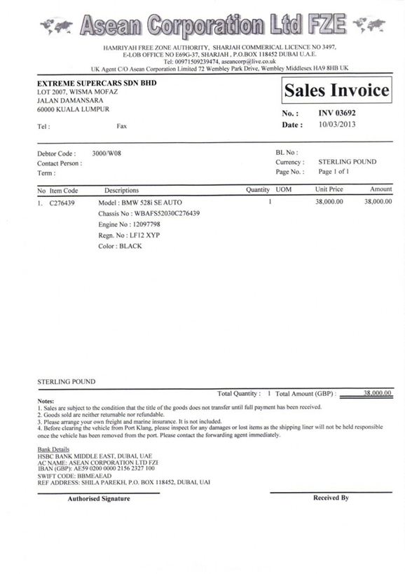 BMW 528 – Invoice | Hyper Luxury Car Rental Malaysia