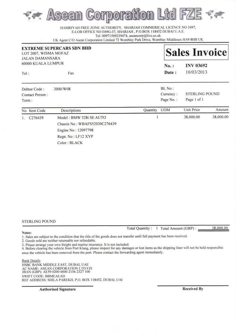 BMW 528 – Invoice | Hyper Luxury Car Rental Malaysia